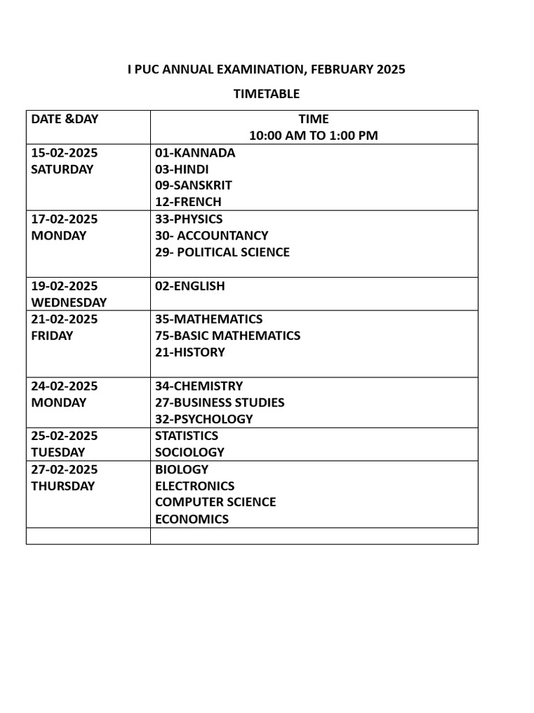 First Puc Final Exam Timetable 2024-25 | PDF