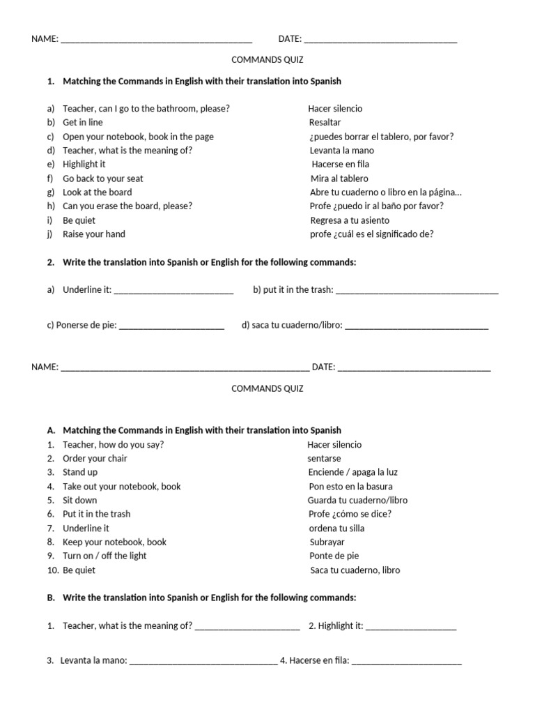 Commands Quiz: English-Spanish Matching | PDF