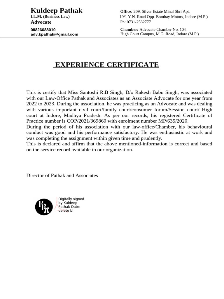 Certificate of Associate Advocate Experience | PDF