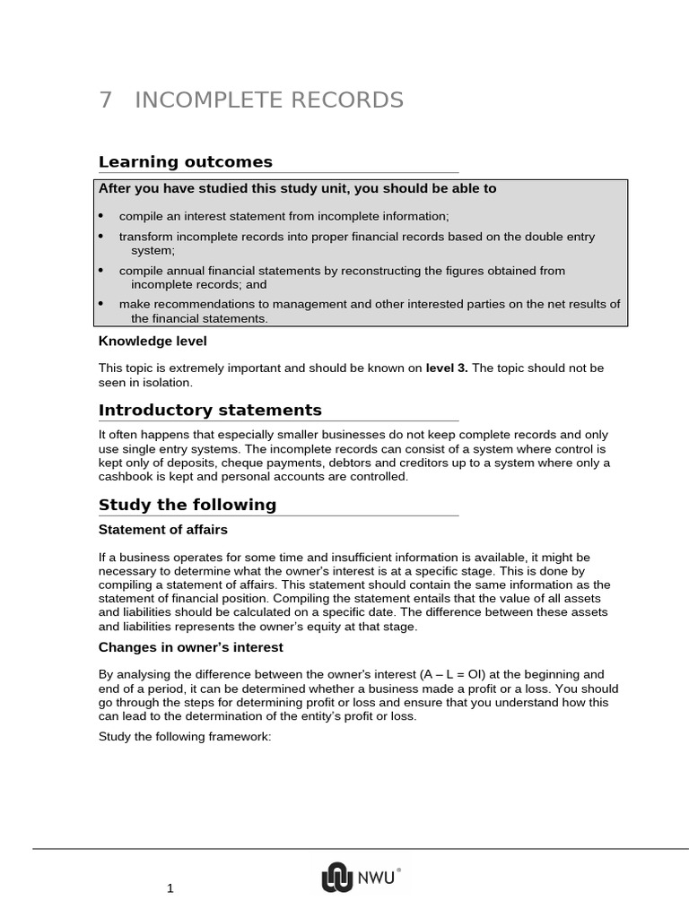 Managing Incomplete Financial Records | PDF | Debits And Credits | Book ...