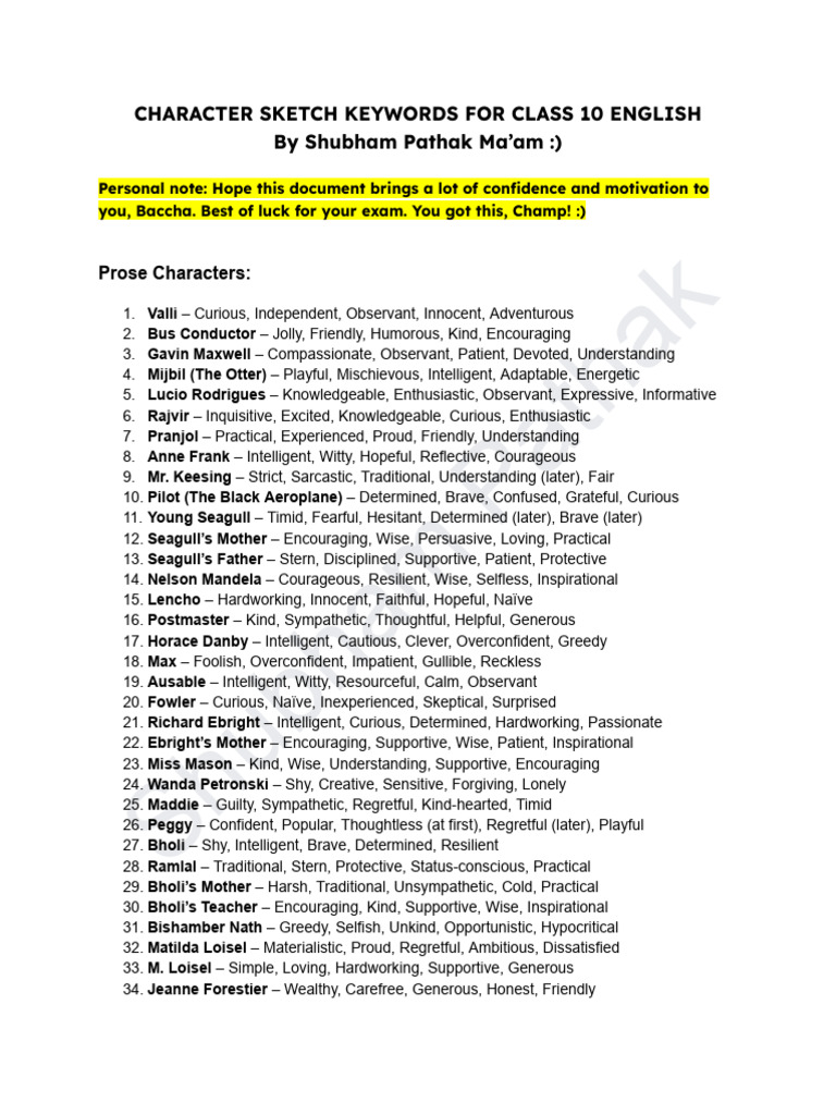 Class 10 English Character Sketches | PDF