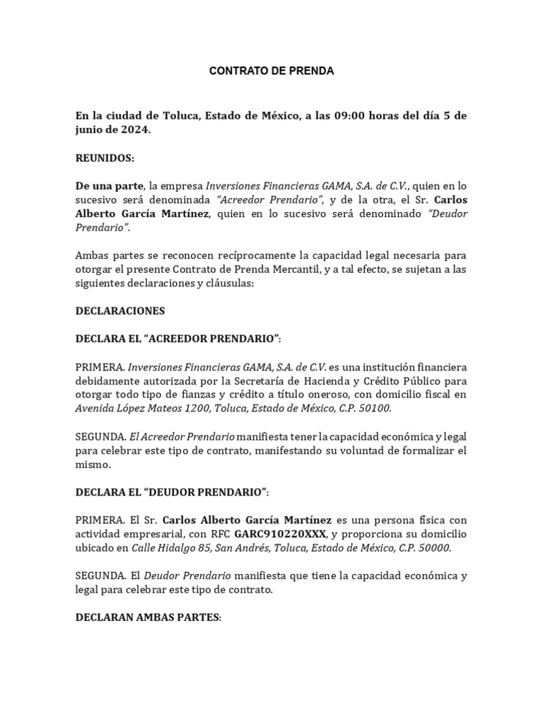 Contrato de Prenda Mercantil en Toluca | PDF | Pagos