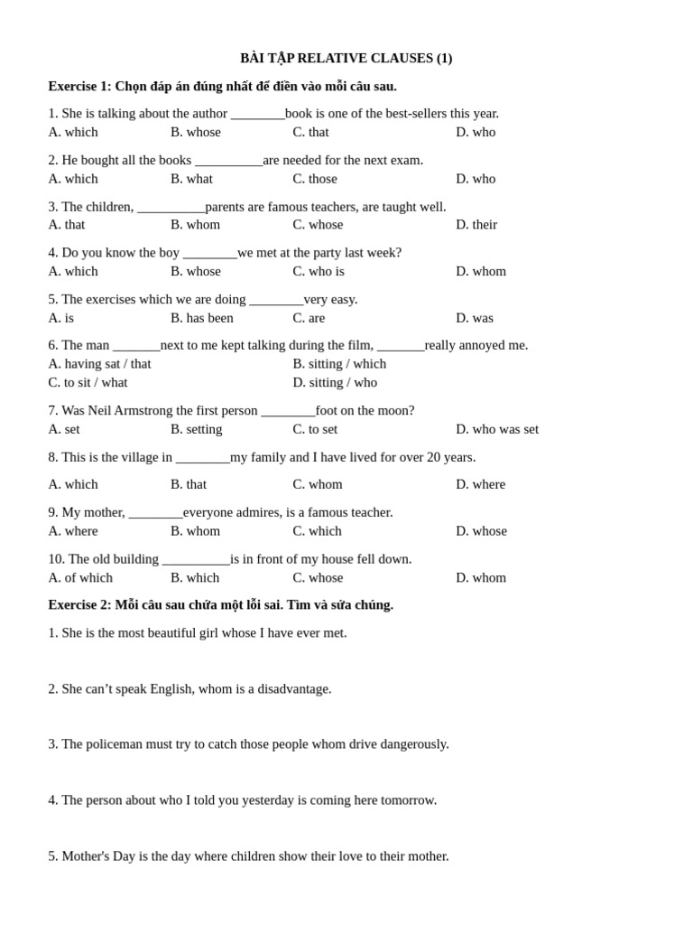 Relative Clauses Exercises and Answers | PDF