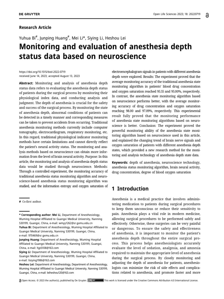 Monitoring and Evaluation of Anesthesia Depth Stat | PDF | Anesthesia ...