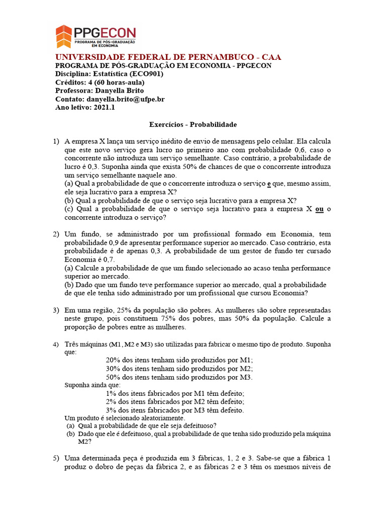 2 - Exercícios - Probabilidade | PDF | Probabilidade