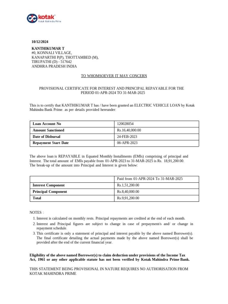 Electric Vehicle Loan Interest Benefit | PDF