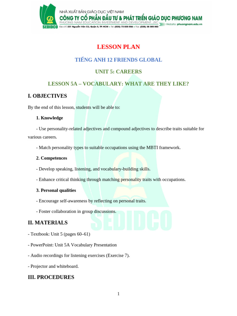 Careers and Personality Traits in Unit 5 | PDF | Teachers | Lesson Plan