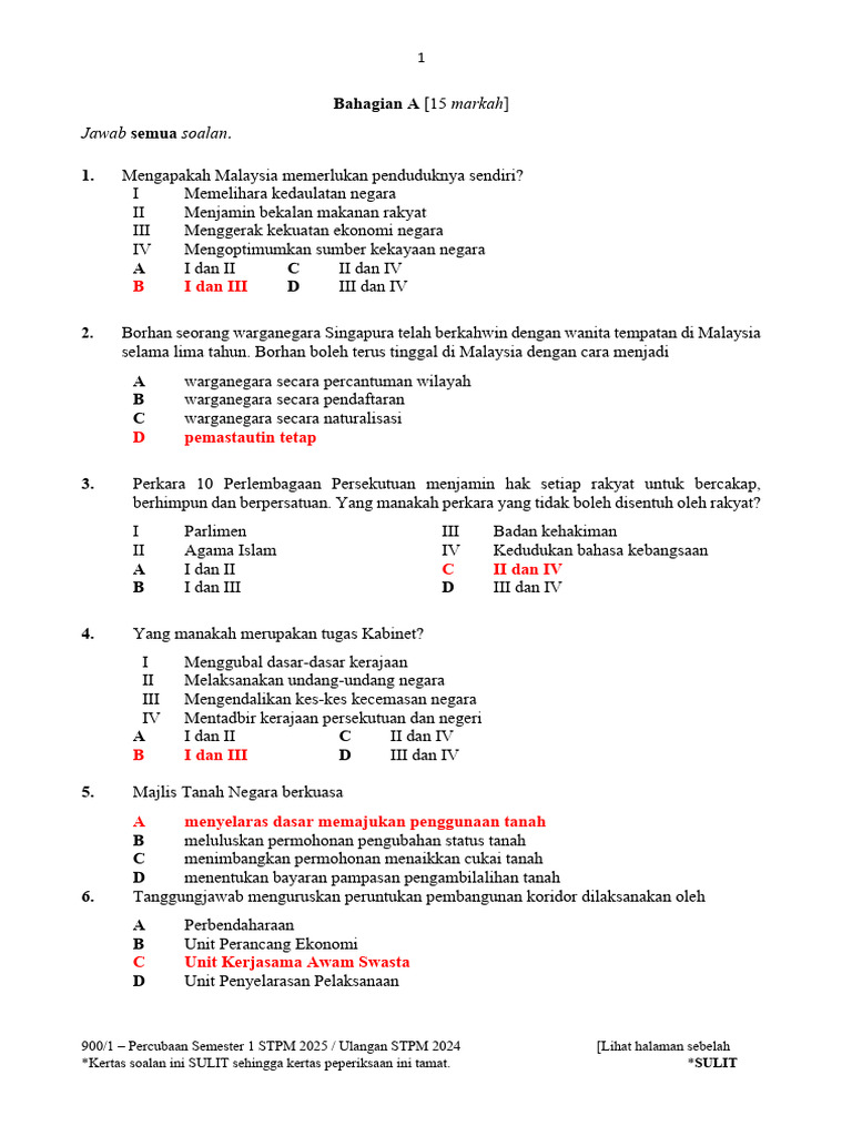 Skema Soalan Percubaan Pa S1 2025 (Updated) | PDF