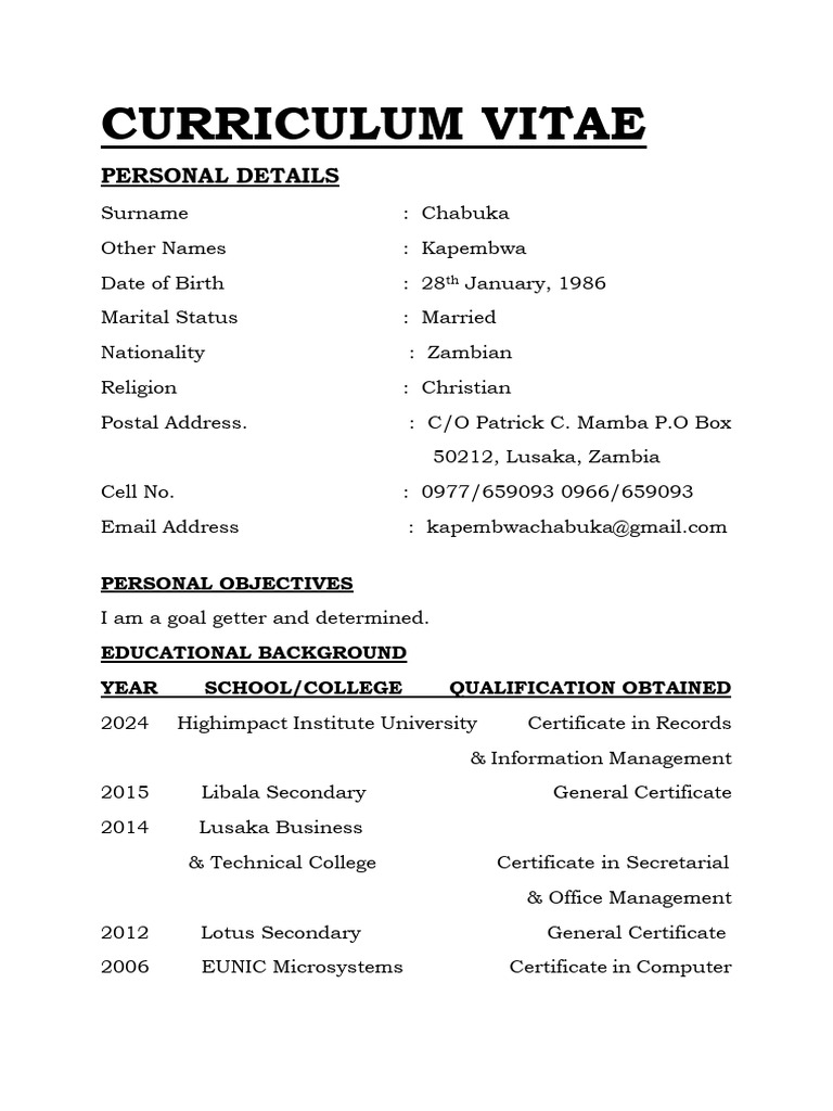 Curriculum Vitae Kapembwa | PDF