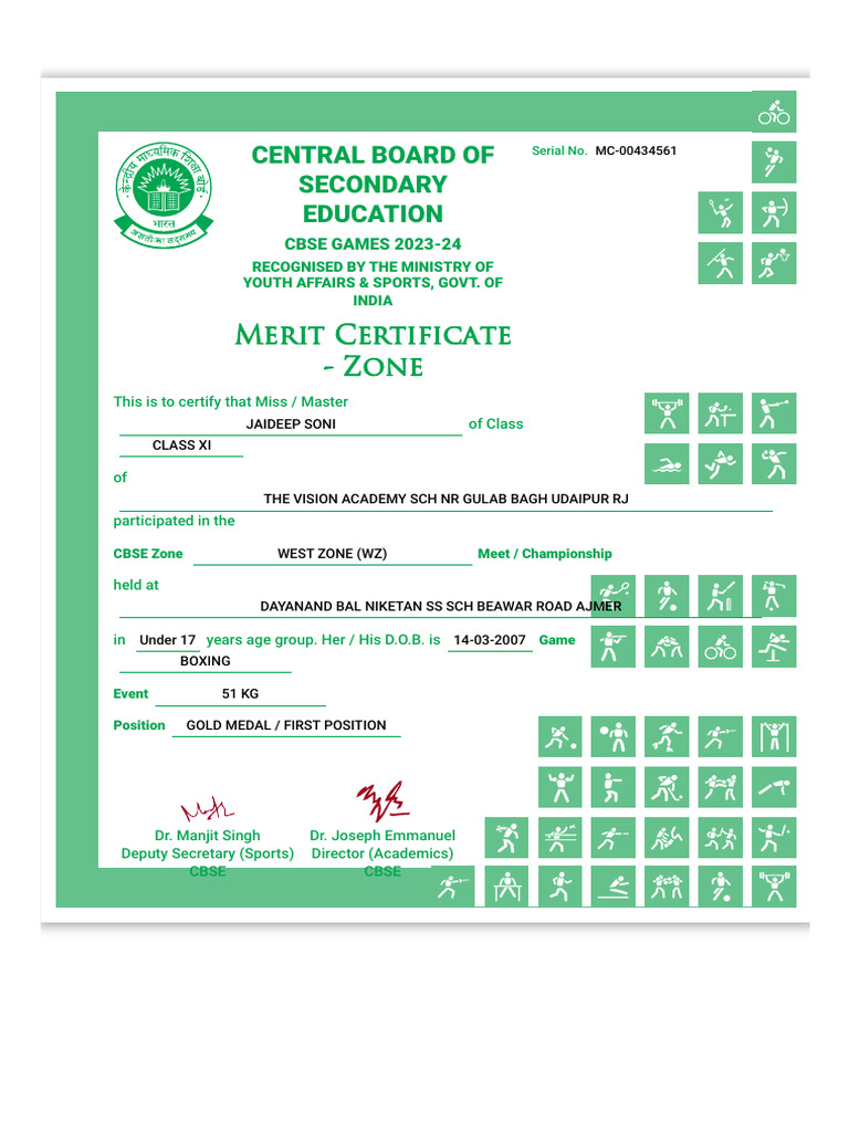 CBSE Games 2023-24 Merit Certificate | PDF