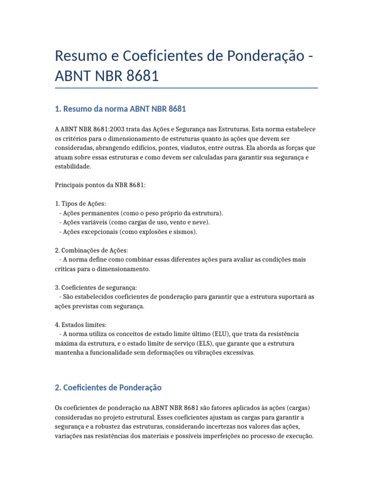 NBR - 8681 - Coeficientes Resumo Chatgpt | PDF | Resistência dos materiais