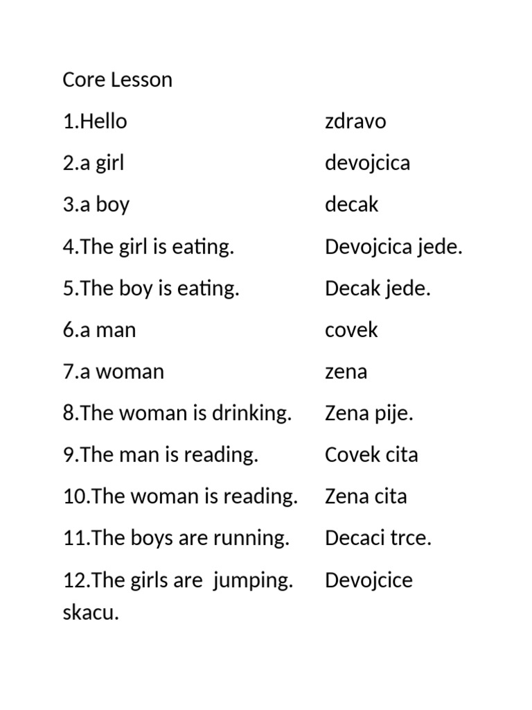 Core Lesson Nivo A1 Reci I Recenice Sa Upotrebom Glagola. | PDF