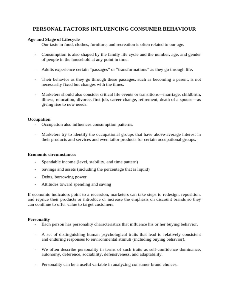 Personal Factors Influencing Consumer Behaviour | PDF