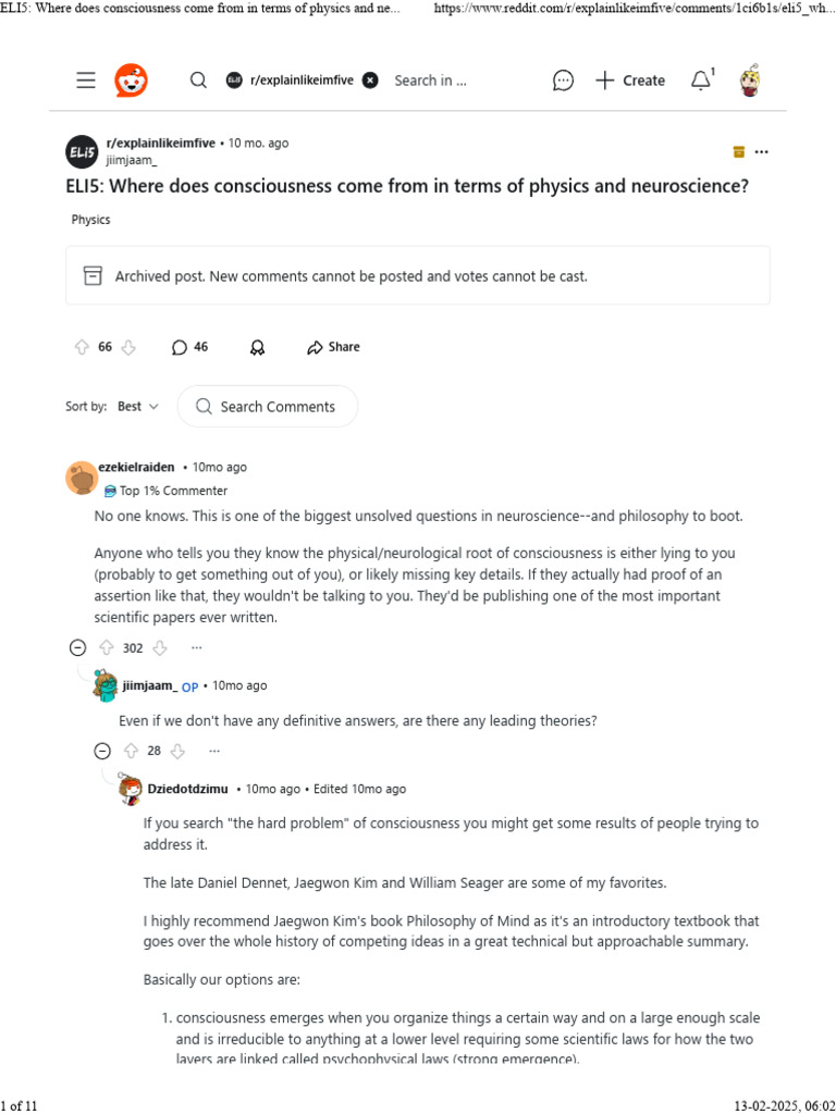 ELI5 - Where Does Consciousness Come From in Terms of Physics and Neuroscience - R ...