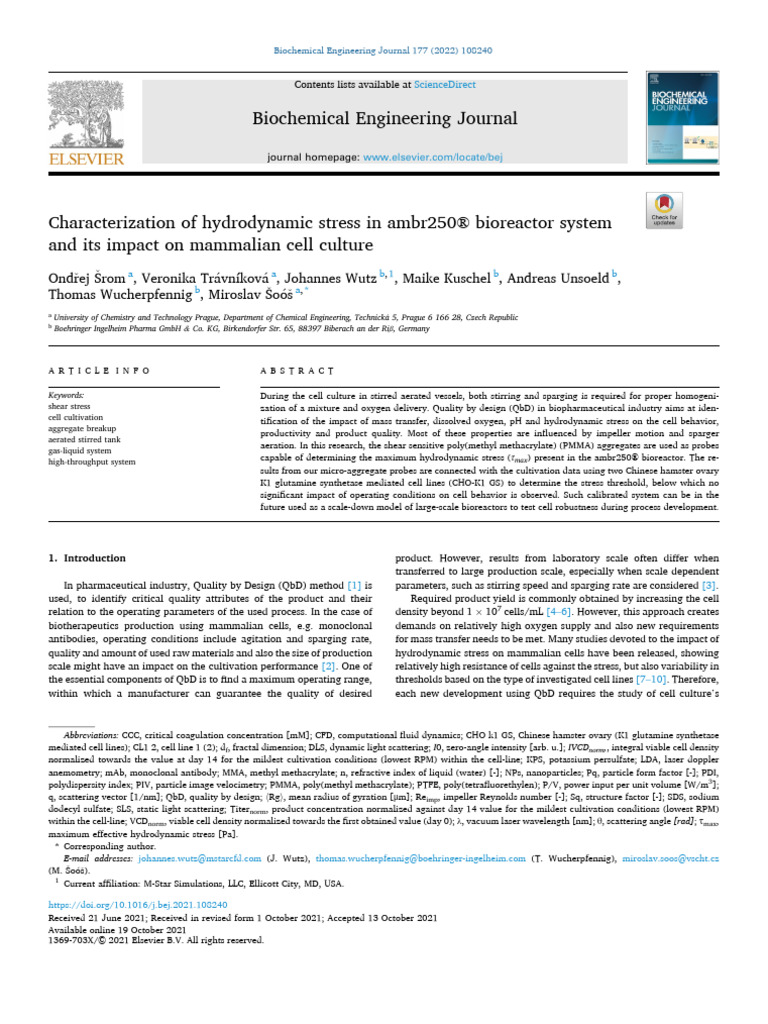 Characterization of Hydrodynamic Stress in Ambr250 Bioreactor System and Its Impact On Mammalian ...