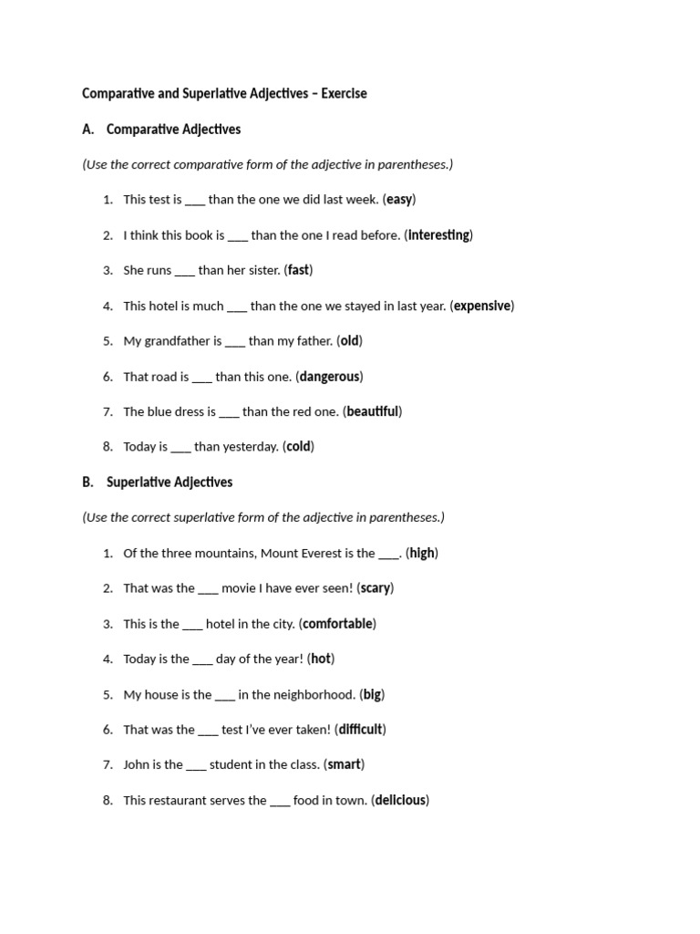 Comparative & Superlative Adjectives Exercise | PDF