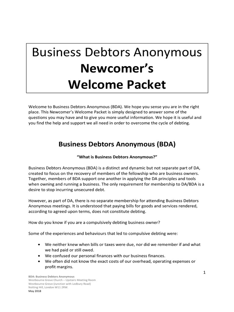 BDA Welcome Packet For Newcomers | PDF | Twelve Step Program