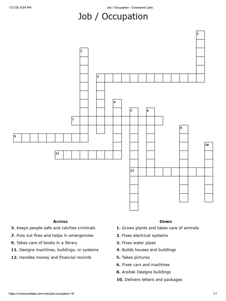 Job Occupation Crossword Puzzle | PDF
