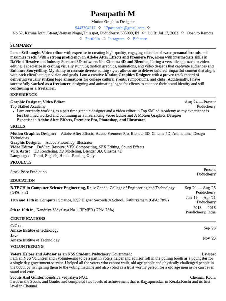 My Motion Graphics Designer Resume (Pasupathi) | PDF | Editing | Graphic Design