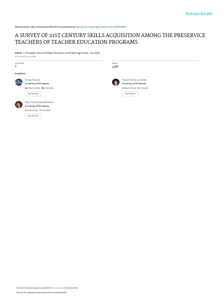 A Survey of 21ST Century Skills Acquisition Among | PDF | Teacher ...