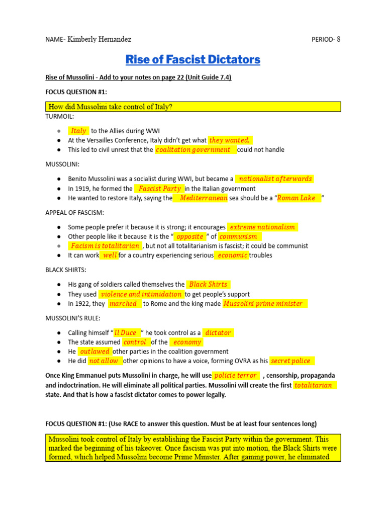 Rise of Fascist Dictators Nearpod Notes + FQ | PDF | Fascism | Benito ...