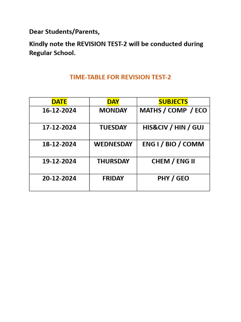 Revision Test-2 Timetable | PDF