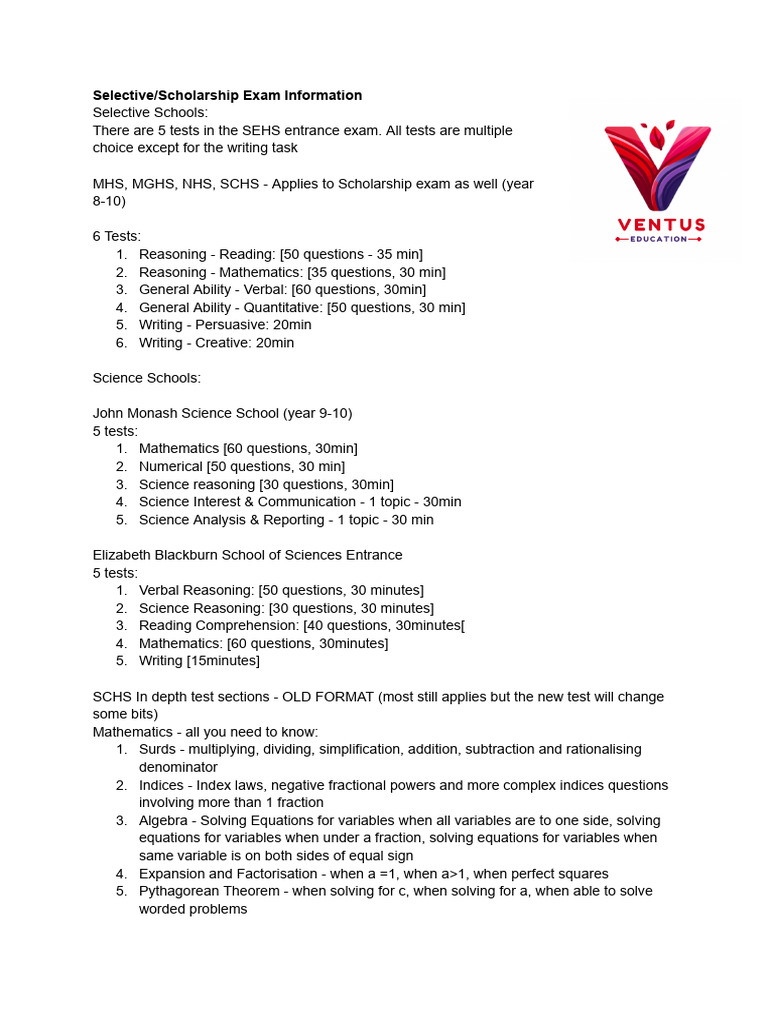 Selective School Exam Overview | PDF | Equations | Mathematics