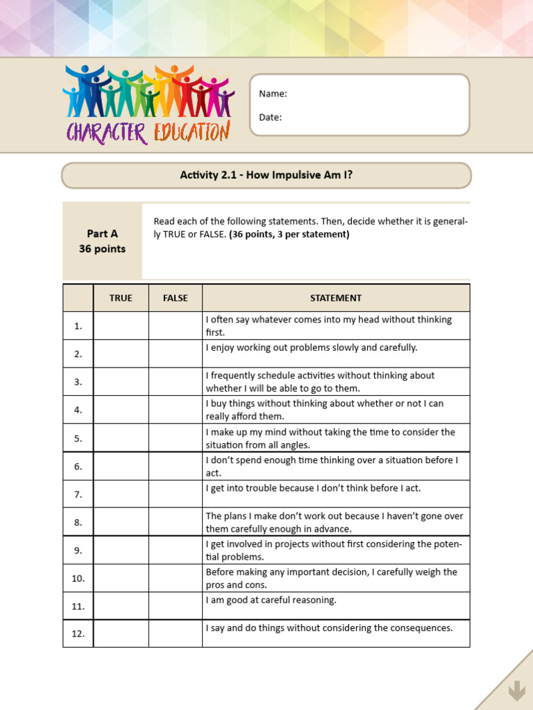 Character Ed 2.1 Activity | PDF