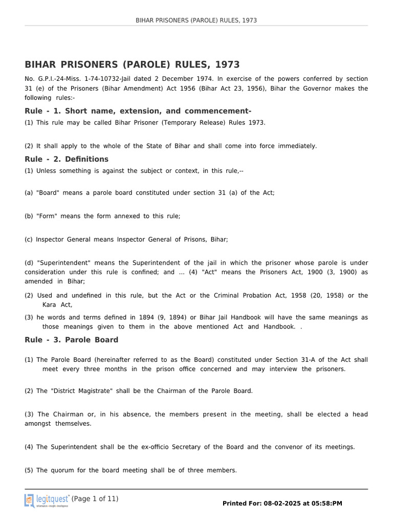 Bihar Parole Rules Overview | PDF | Parole | Bail
