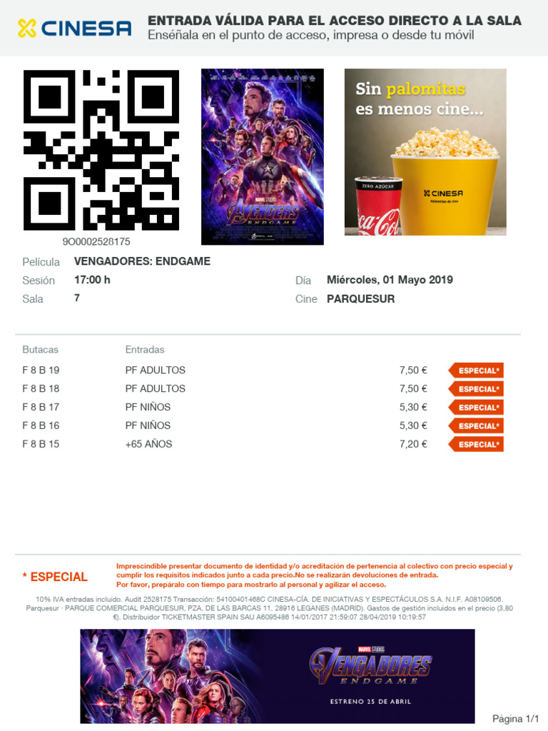 Entradas - y - Bar - Cinesa Vengadores Endgame | PDF