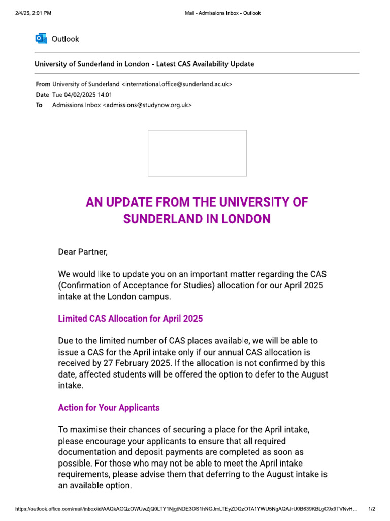 UPDATE APRIL INTAKE SUNDERLAND | PDF