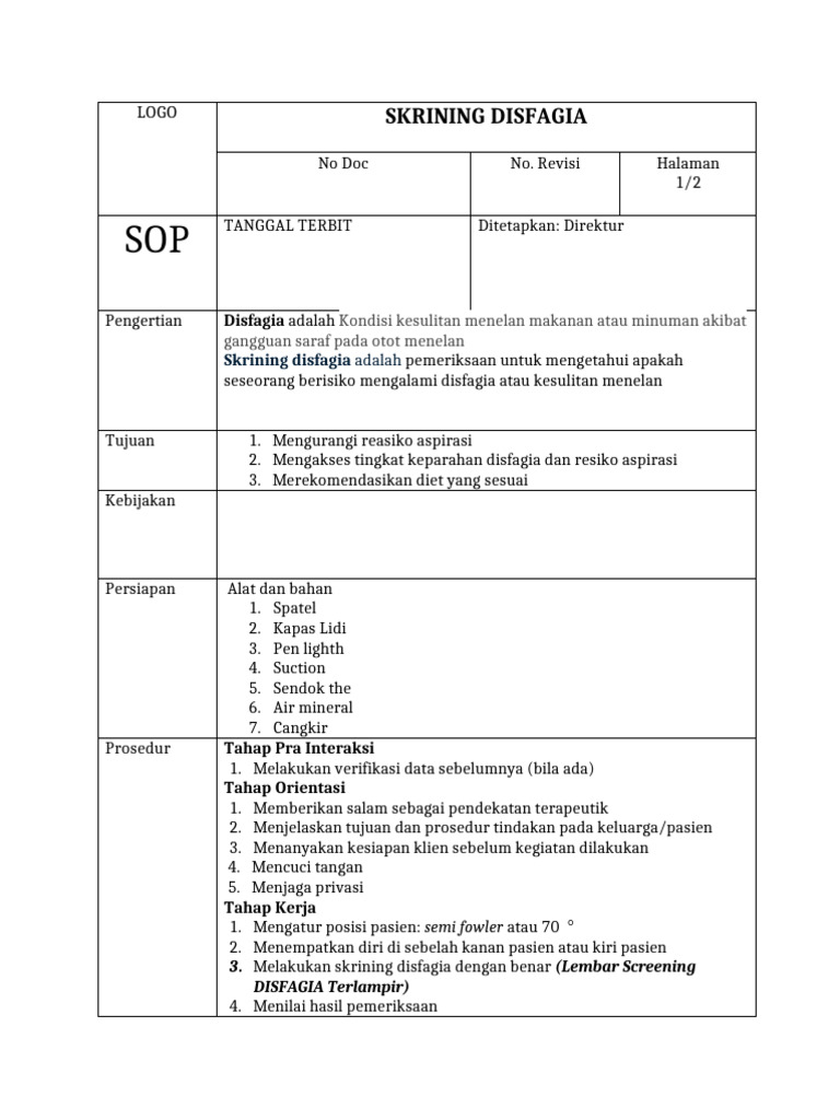 Sop Screening Disfagia | PDF
