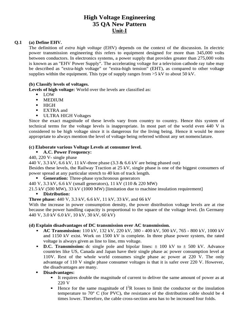 35 QA UNIT-1 of HVE | PDF | Electric Power Transmission | Electrical Breakdown
