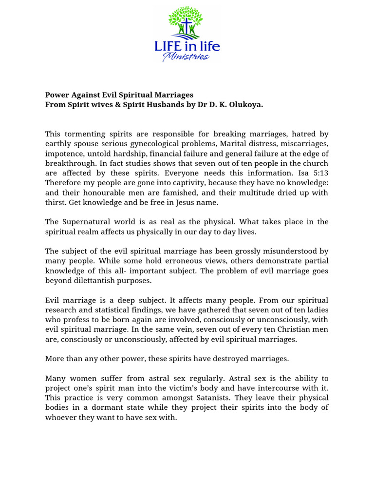 Power Against Evil Spiritual Marriages | PDF | Marriage | Jesus