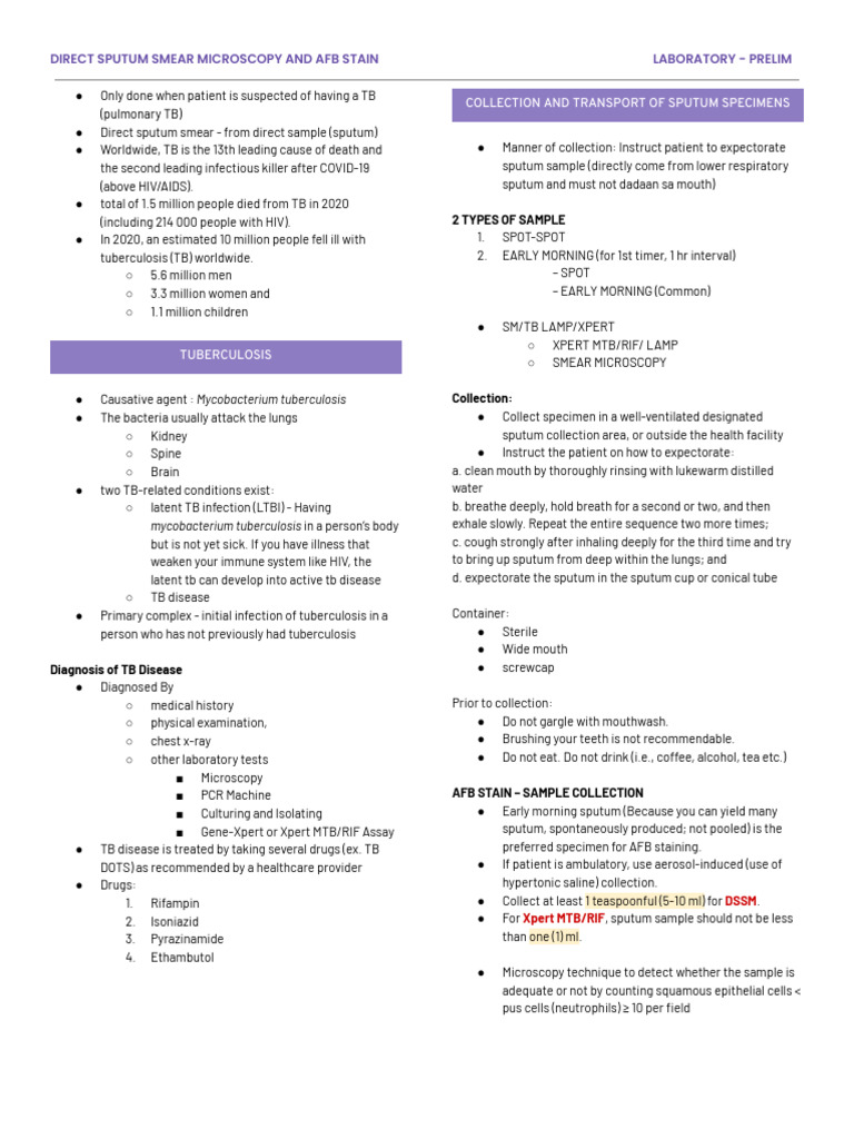 BACTE Lab - DSSM and AFB Staining | PDF | Tuberculosis | Diseases And Disorders