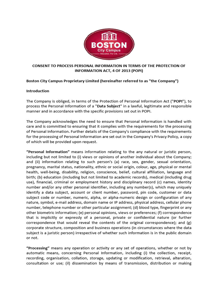 POPI Consent for Personal Information | PDF | Damages | Information