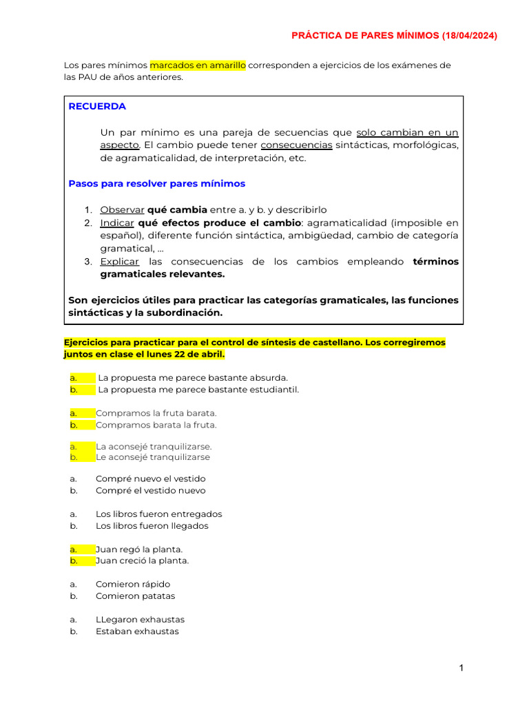 Ejercicios de Pares Mínimos en Gramática | PDF | Verbo | Mecánica del ...