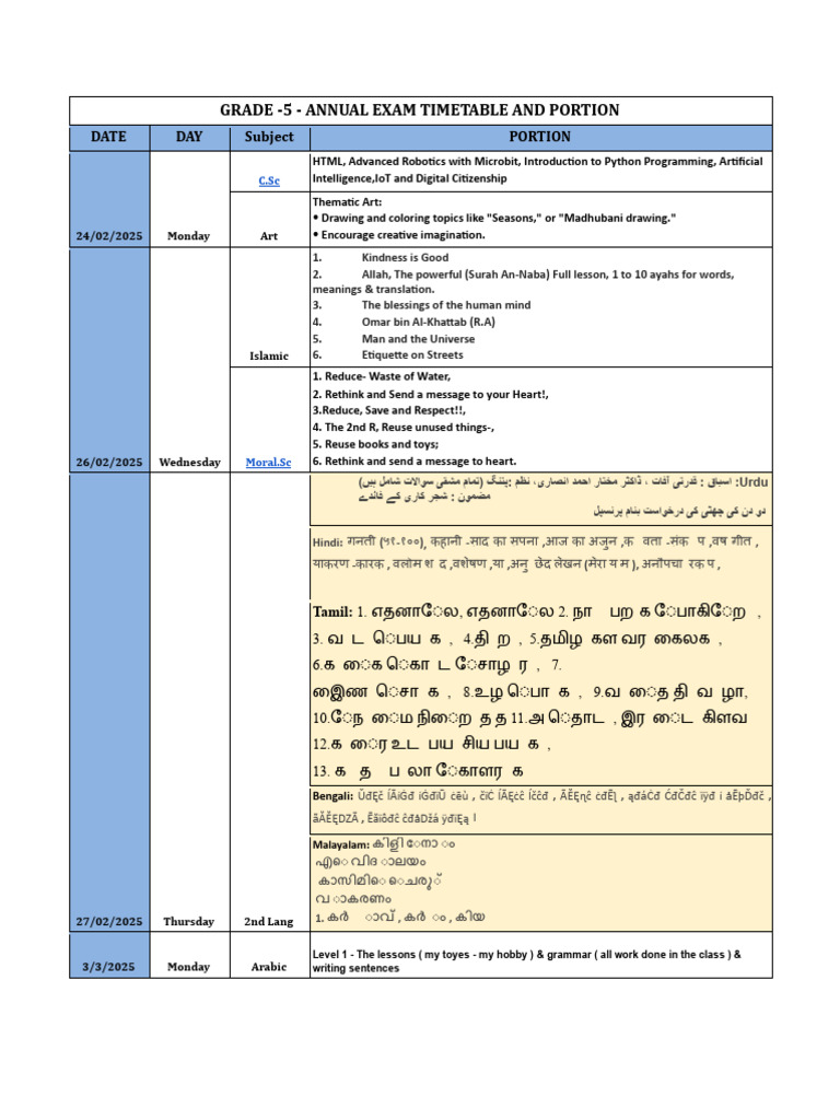 Grade 5 Annual Exam Timetable 2025 | PDF | Linguistics | Grammar