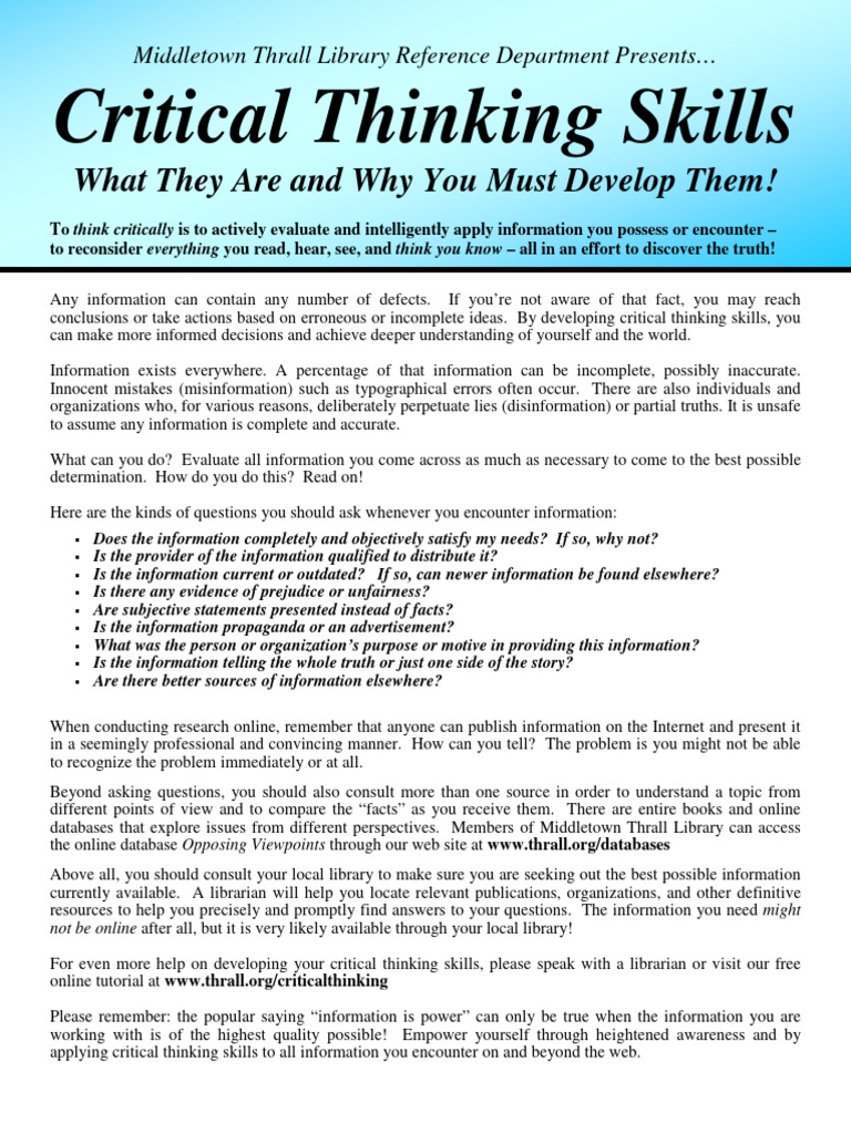 Critical Thinking Skills | PDF | Critical Thinking | Thought
