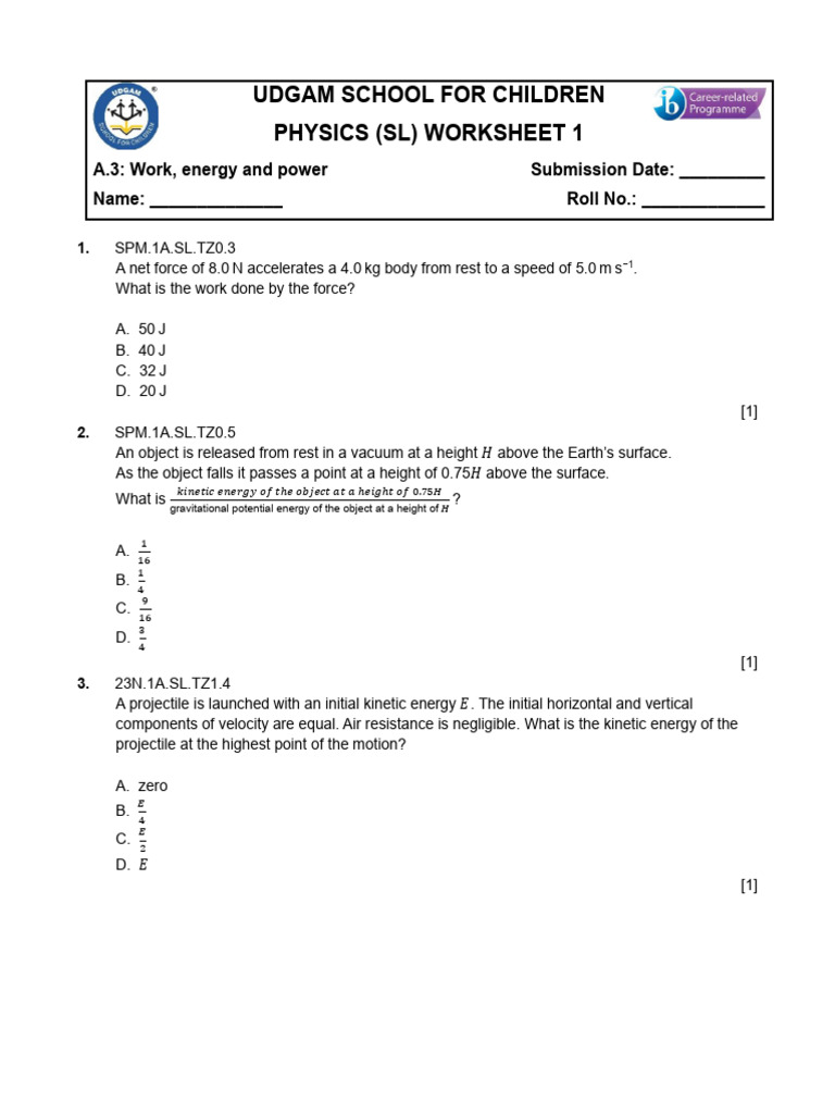 A.3 Work, Energy and Power WS 1 | PDF | Kinetic Energy | Mass