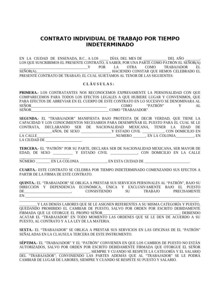 CONTRATO INDIVIDUAL DE TRABAJO POR TIEMPO INDETERMINADO | PDF | Salario | Tiempo de trabajo