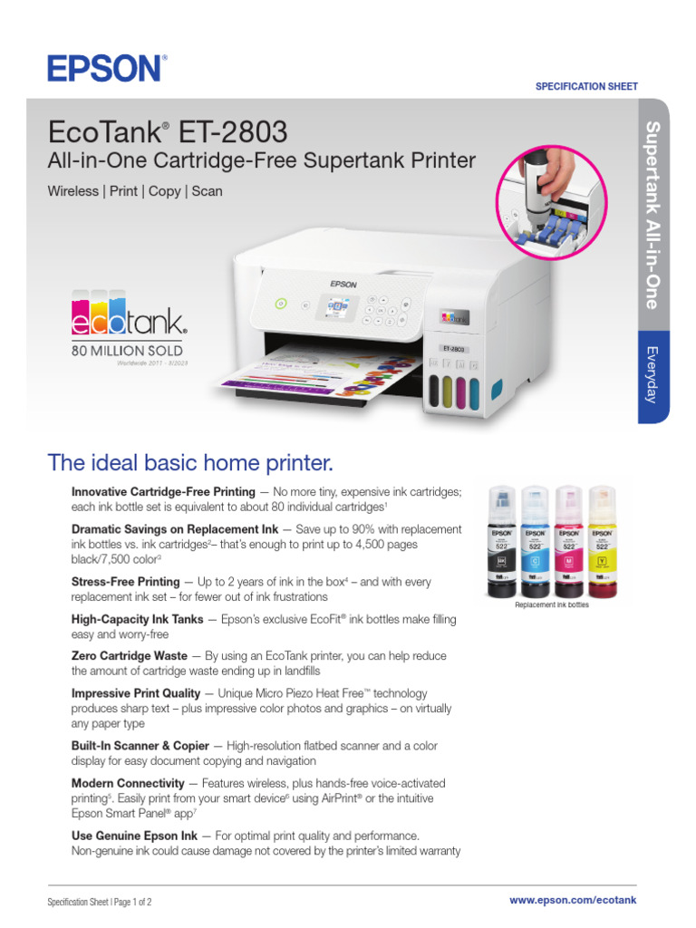 EcoTank ET-2803 Printer Specification Sheet CPD-60629R4 | PDF | Printer (Computing) | Image Scanner