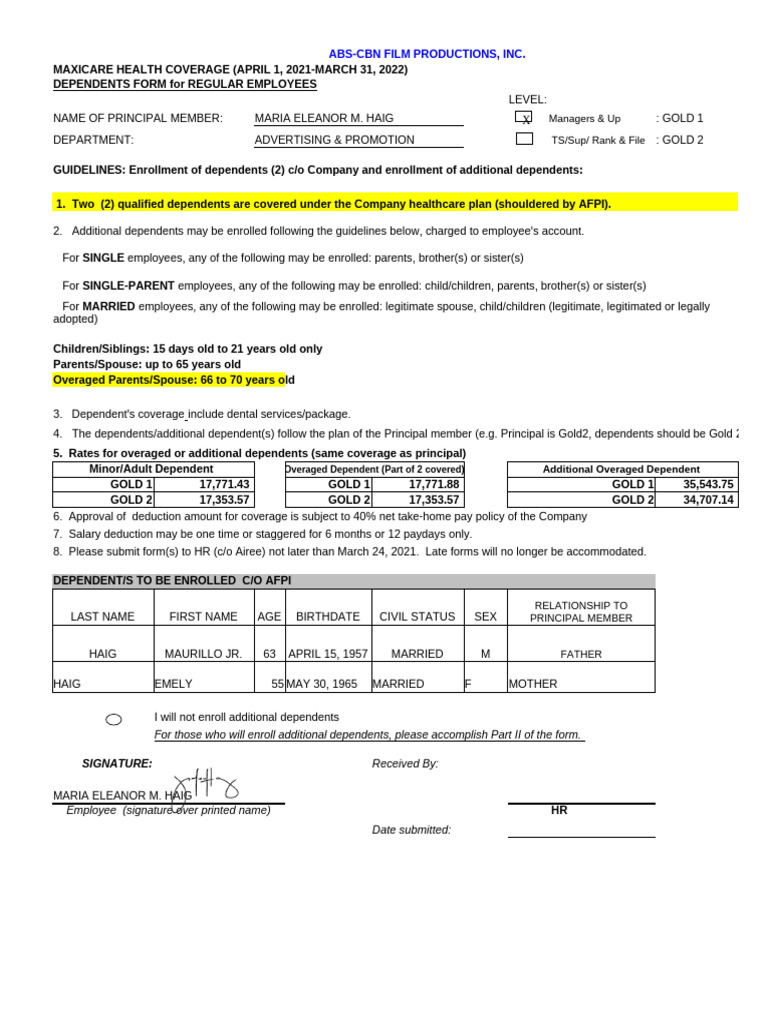 Employee Dependent Enrollment Form | PDF