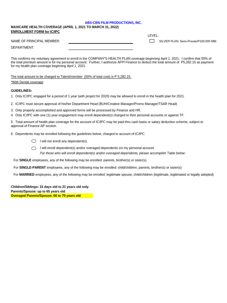 Health Coverage Enrollment Form - IC - IPC | PDF | Money