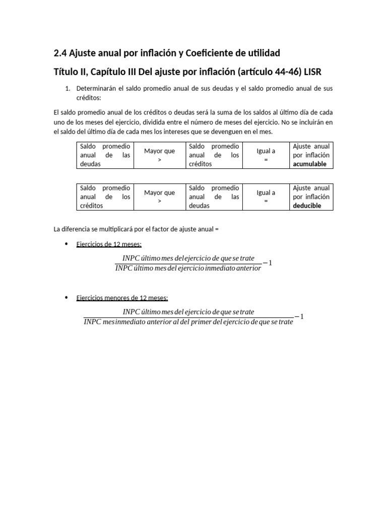Ajuste Anual por Inflación LISR | PDF
