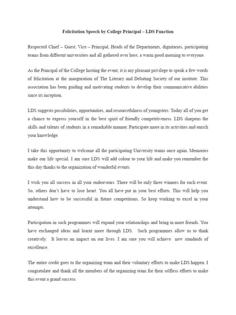 Principal's Felicitation Speech at LDS Event | PDF