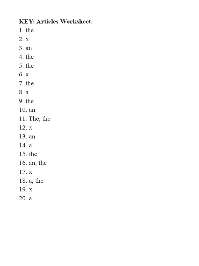 Key To Articles Worksheet | PDF