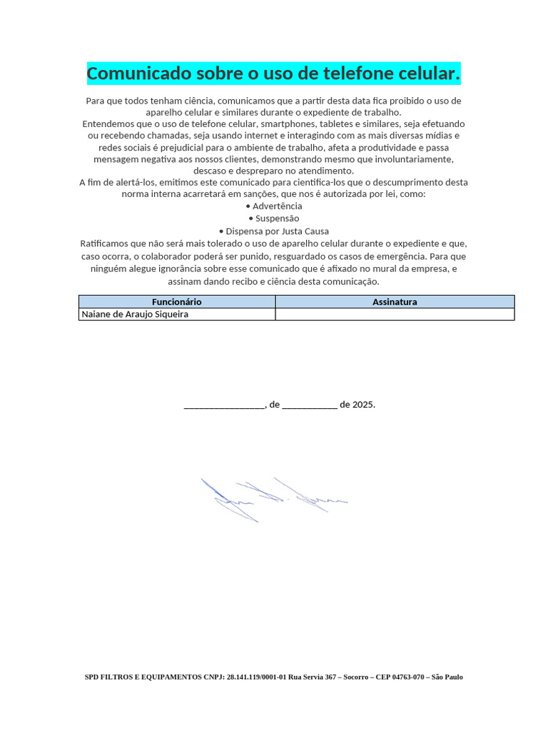 Comunicado Sobre o Uso de Telefone Celular | PDF