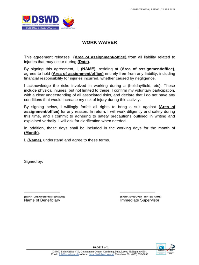 DSWD CFW - Work Waiver | PDF