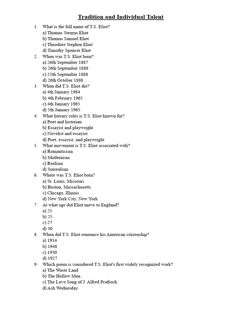 Tradition and Individual Talent MCQ | PDF | T. S. Eliot | Poetry